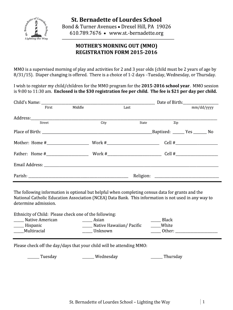 Fillable Online st-bernadette St. Bernadette of Lourdes School - st-bernadette Fax Email Print ...