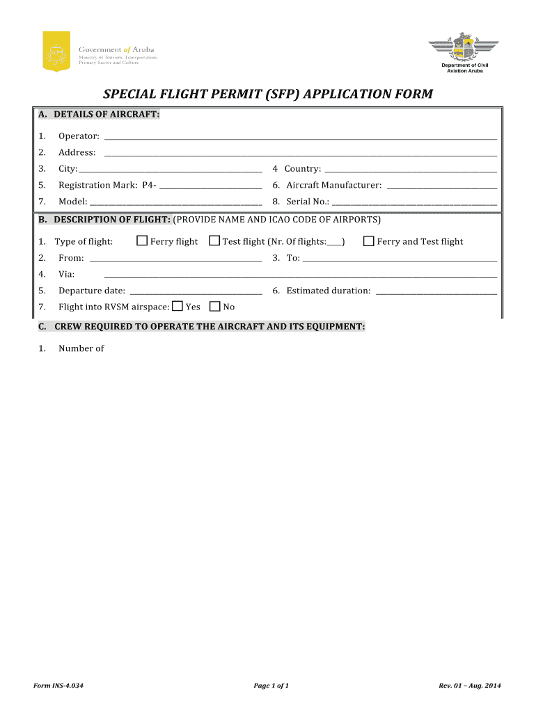 Fillable Online SPECIAL FLIGHT PERMIT (SFP) APPLICATION FORM Fax Email ...