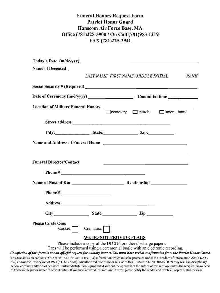 Fillable Online Funeral Honors Request Form - hanscomservices.com Fax ...