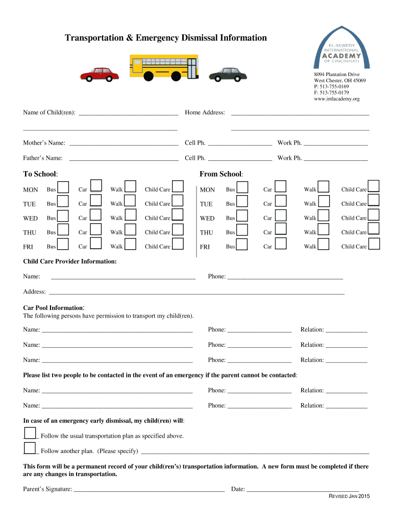 Fillable Online intlacademy Transportation & Emergency Dismissal ...