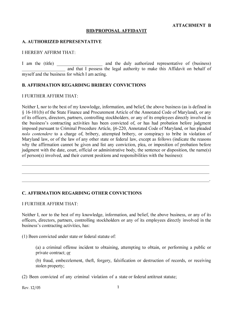 Fillable Online mdhousing Attachment B - Bid/Proposal Affidavit Fax Email Print - pdfFiller