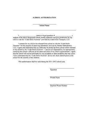 Fillable Online SCHOOL AUTHORIZATION School Name - Demko Smiles Fax ...