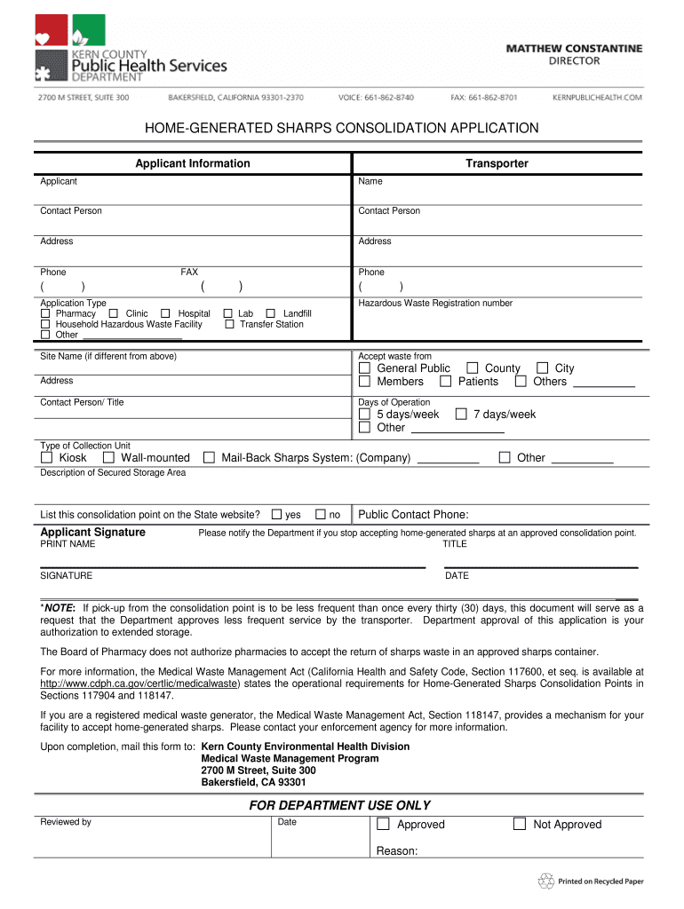 Fillable Online Medical Waste Management Plan Template - Kern County ...