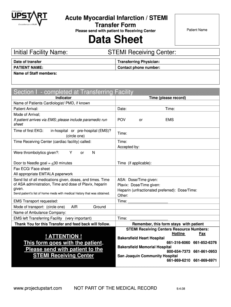 Fillable Online STEMI Transfer Sheet - Kern County Department Of Public ...