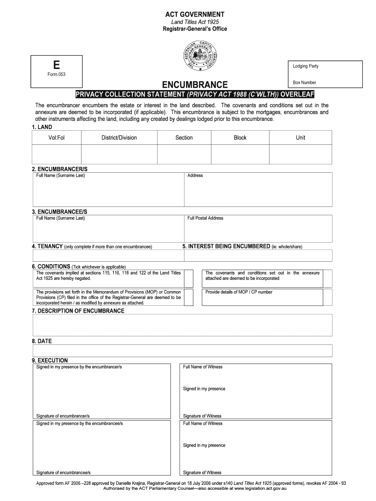 Fillable Online legislation act gov encumbrance - ACT Legislation ...