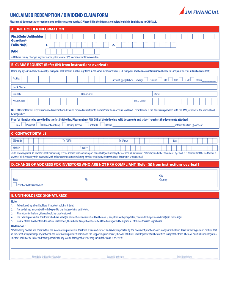 Fillable Online unclaimed redemption / dividend claim form - JM ...