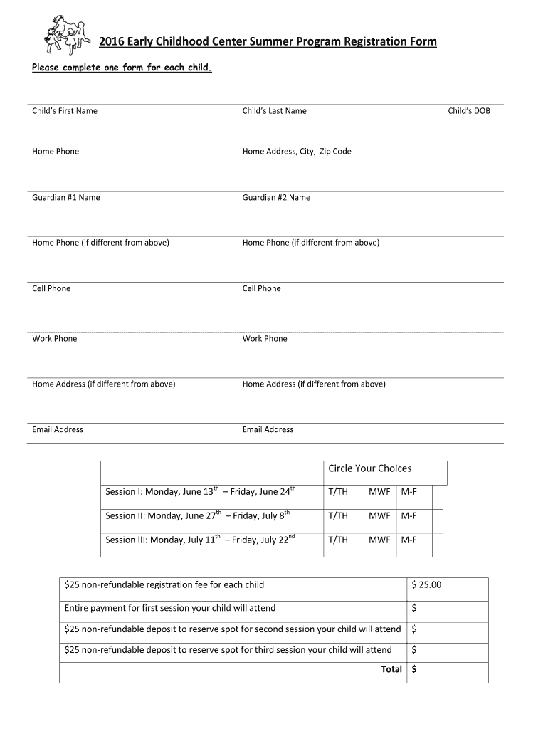 Fillable Online Registration Form - Early Childhood Center Fax Email ...