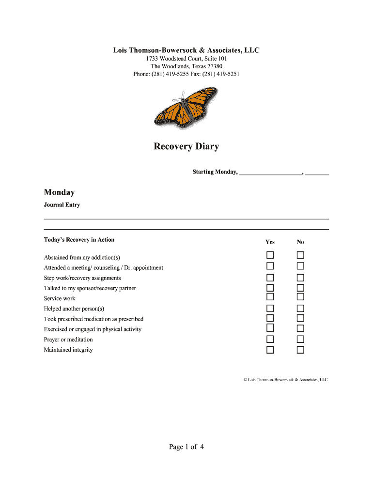 Fillable Online Recovery Diary - Lois Thomson Bowersock &... Fax Email ...