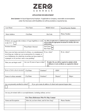 Fillable Online APPLICATION FOR EMPLOYMENT Zero Connect: An Equal ...