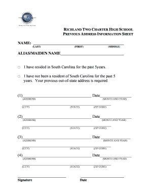 Fillable Online richland2 PREVIOUS ADDRESS INFORMATION SHEET Fax Email Print - pdfFiller