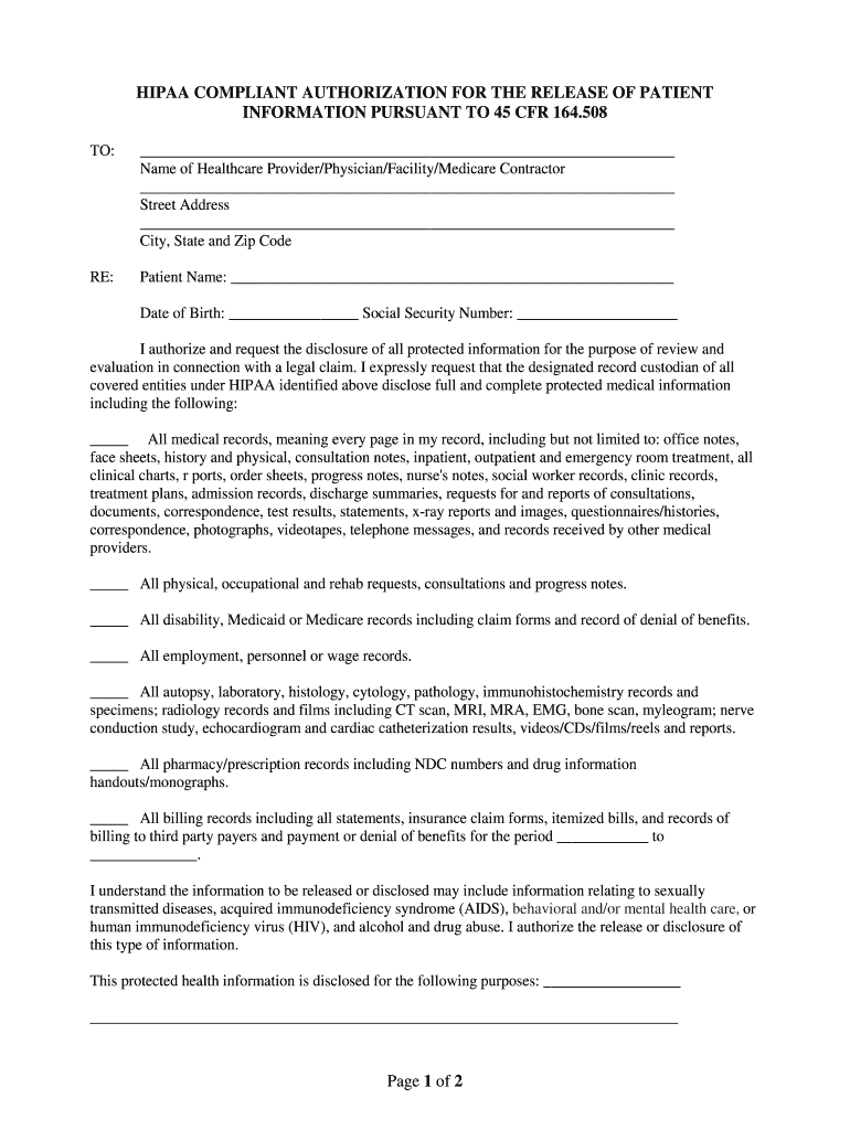 Fillable Online Page 1 of 2 HIPAA COMPLIANT AUTHORIZATION FOR THE ...