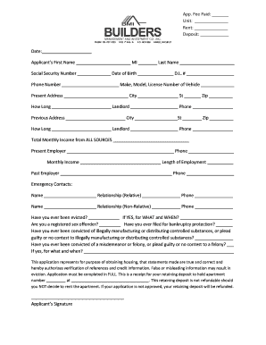 Fillable Online Download PDF Application Here - Builders Management and ...