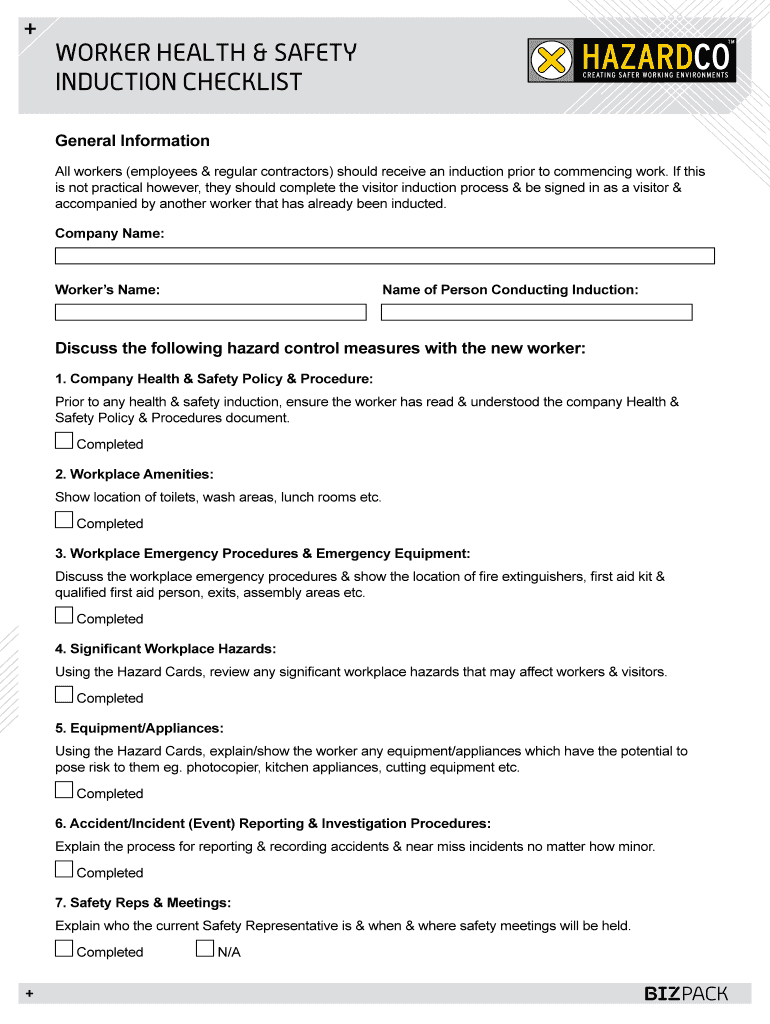 Fillable Online WORKER HEALTH & SAFETY INDUCTION CHECKLIST Fax Email ...
