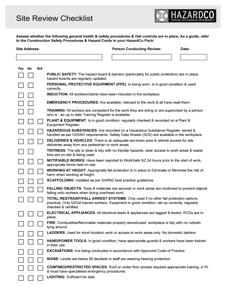 Fillable Online Site Review Checklist - Home Hazardco Fax Email Print ...