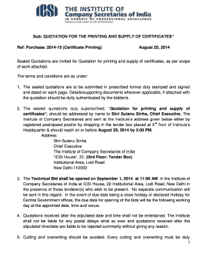 Fillable Online icsi Sub: QUOTATION FOR THE PRINTING AND SUPPLY OF ...