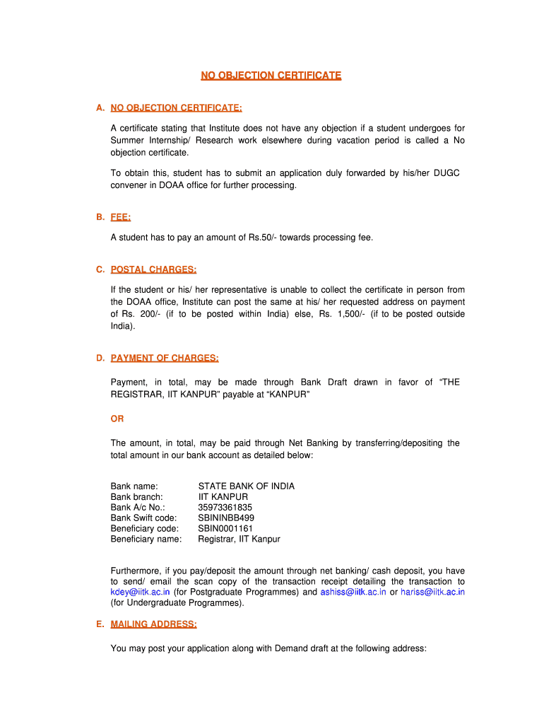 Fillable Online NO OBJECTION CERTIFICATE: Fax Email Print - pdfFiller