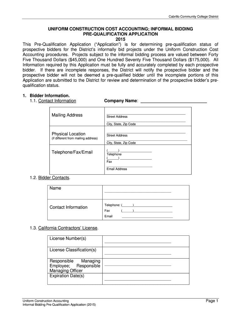 Fillable Online cabrillo 2015 Informal Bidding Pre-Qualification ...