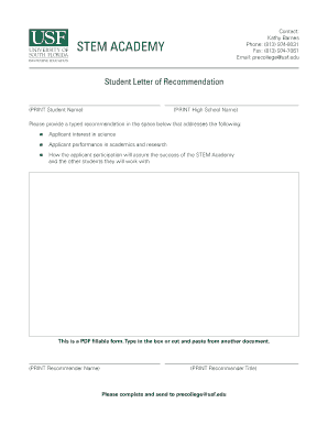Fillable Online Student Letter of Recommendation - usf.edu Fax Email ...