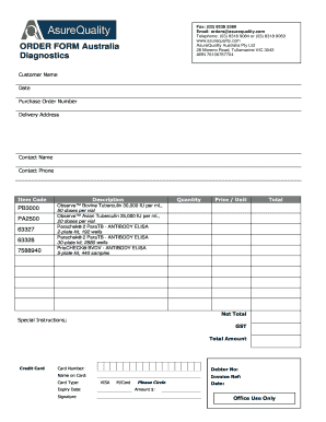 Fillable Online ORDER FORM Australia Diagnostics - asurequality.com Fax ...