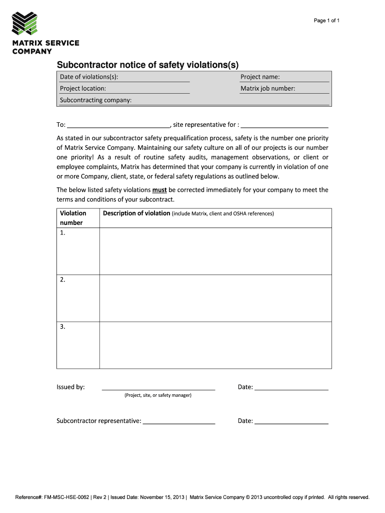 Fillable Online Subcontractor notice of safety violations(s) - Matrix ...