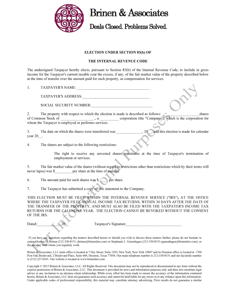 Fillable Online ELECTION UNDER SECTION 83(b) OF THE INTERNAL REVENUE ...