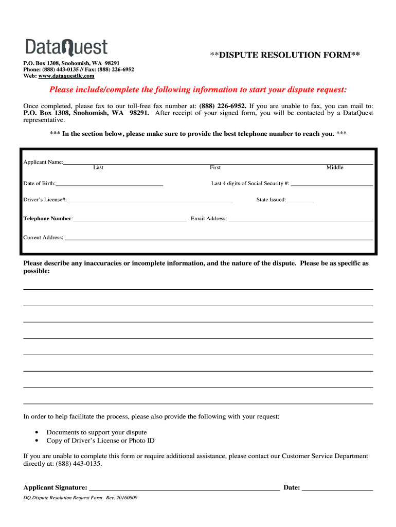 Fillable Online Dispute Resolution Request Form - dataquestllc.com Fax ...