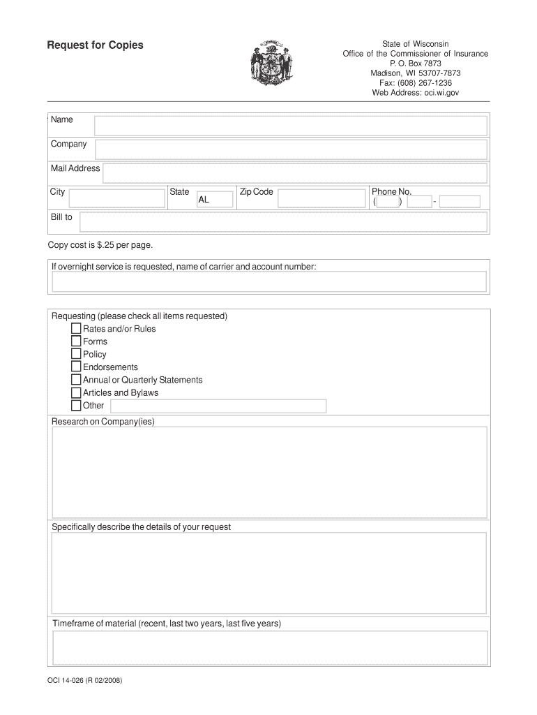 Fillable Online oci wi Request for Copies (fillable) - Wisconsin Office of the Commissioner ...