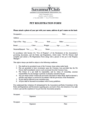 Fillable Online pet registration form - Savanna Club Fax Email Print ...
