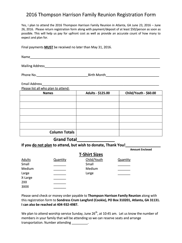 Fillable Online 2016 Thompson Harrison Family Reunion Registration Form ...