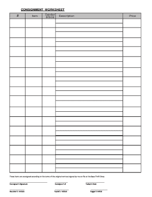 Fillable Online CONSIGNMENT WORKSHEET Fax Email Print - pdfFiller