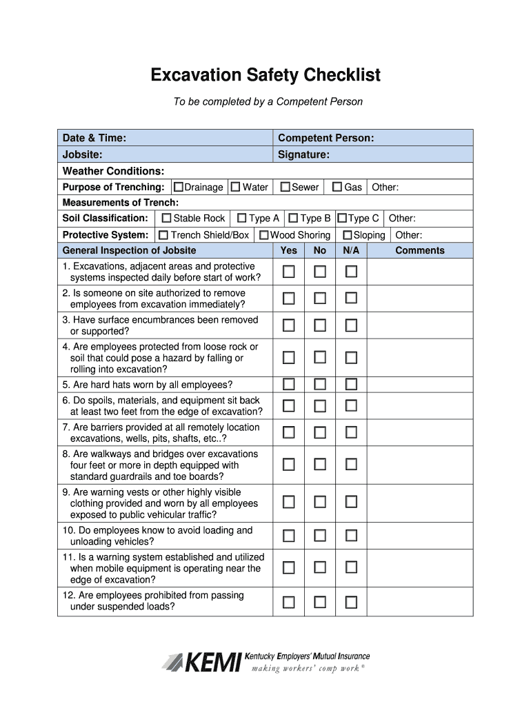 Fillable Online Excavation Safety Checklist - WORK SAFE KENTUCKY Fax ...