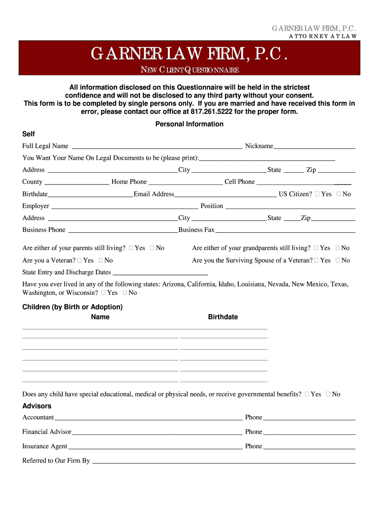 Fillable Online garner law firm, pc - Arlington TX Estate Planning Attorney Fax Email Print ...