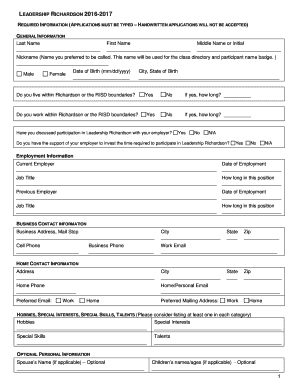 Fillable Online LEADERSHIP RICHARDSON APPLICATION Fax Email Print - pdfFiller
