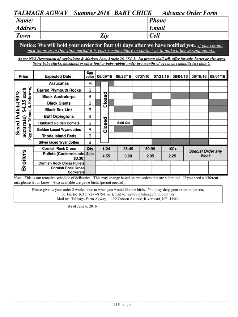Fillable Online 2016 Baby Chick Form PDF Fill In - Rackcdn.com Fax ...