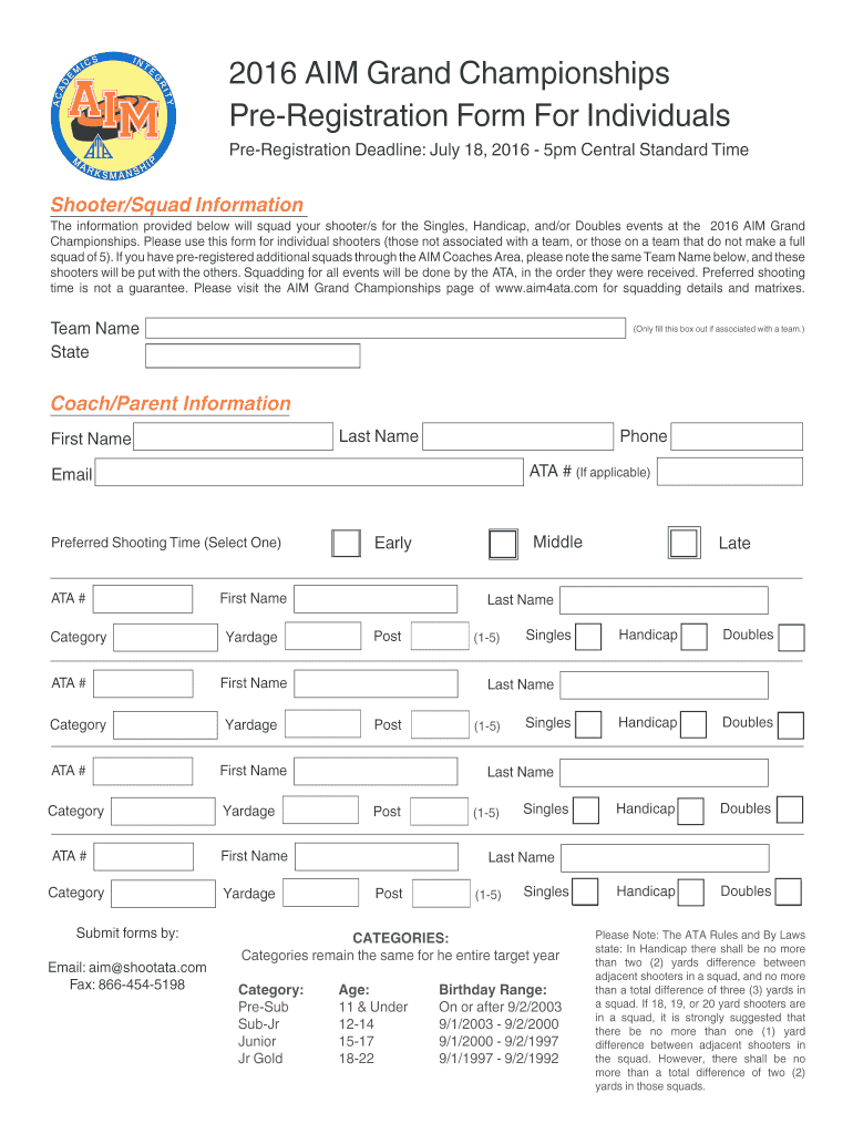 Fillable Online 2016 AIM Grand Championships Pre-Registration Form... Fax Email Print - pdfFiller