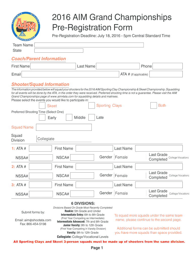 Fillable Online 2016 AIM Grand Championships Pre-Registration Form Fax ...