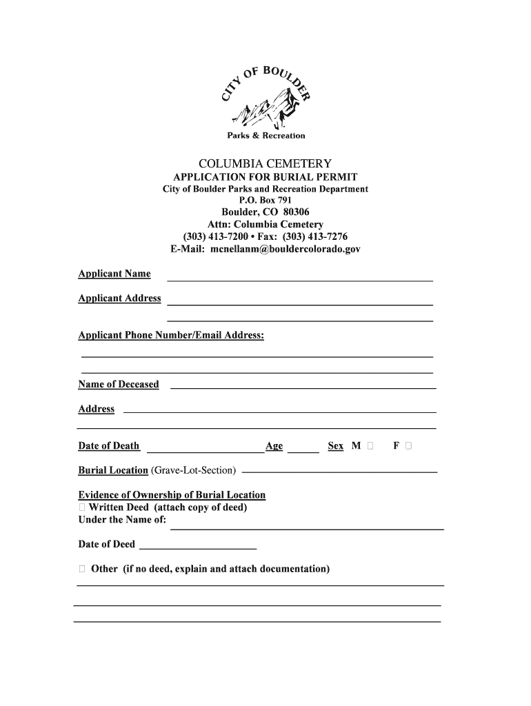 Fillable Online COLUMBIA CEMETERY APPLICATION FOR BURIAL Fax Email ...