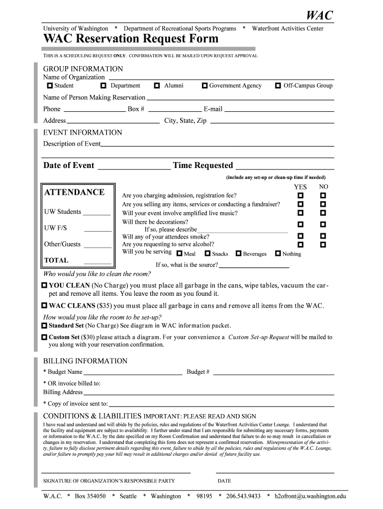 Fillable Online washington WAC WAC Reservation Request Form - University of Washington Fax Email ...