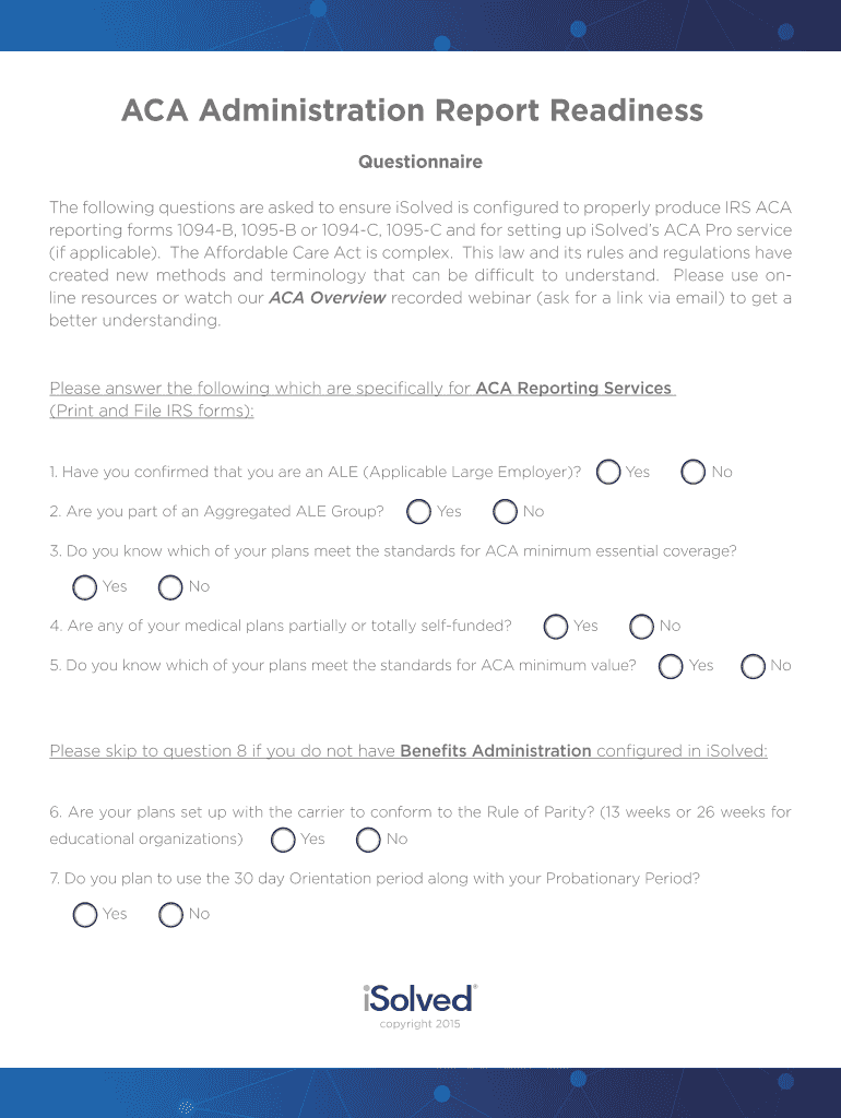 Fillable Online ACA Administration Report Readiness - PayPros, Inc. Fax Email Print - pdfFiller