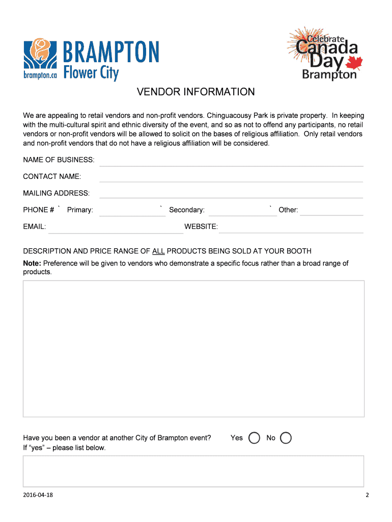 Fillable Online brampton City of Brampton Festivals and Events Celebrate Canada Day ... Fax ...