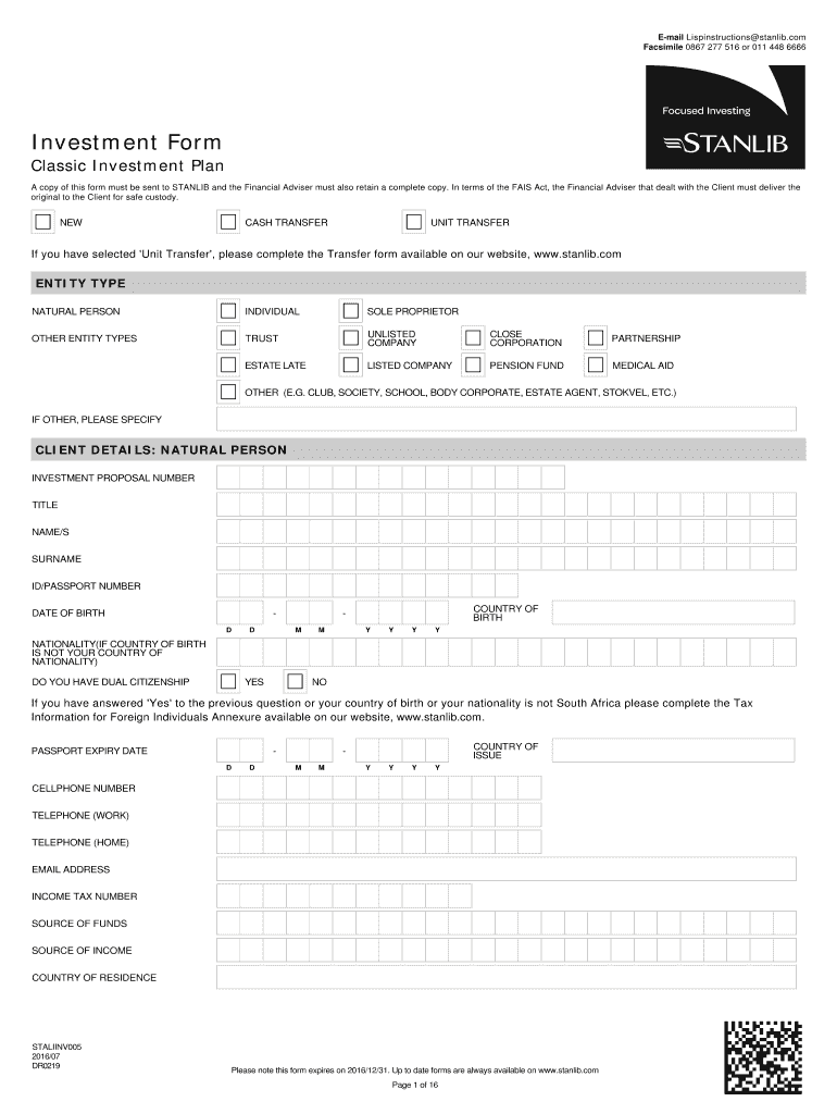 Fillable Online Investment Form - stanlib.com Fax Email Print - pdfFiller