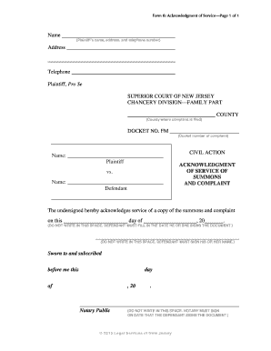 Fillable Online chplnj 8 Acknowledgment of Service Fax Email Print - pdfFiller