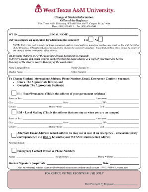 Fillable Online wtamu Change of Student Information Office of the Registrar Fax Email Print ...