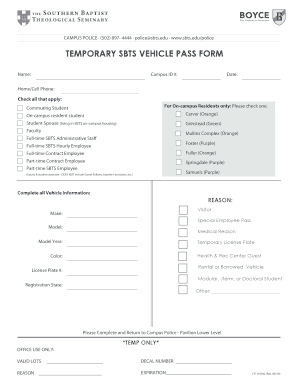 Fillable Online sbts TEMPORARY SBTS VEHICLE PASS FORM Fax Email Print - pdfFiller