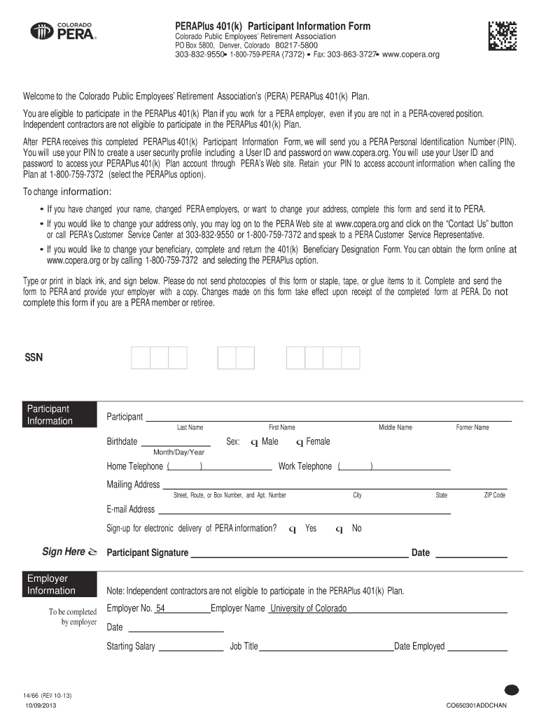 Fillable Online cu PERAPlus 401(k) Participant Information Form - cu Fax Email Print - pdfFiller