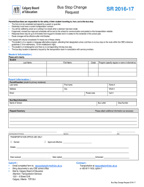Fillable Online Bus Stop Change Request 2016-17. Yellow School Bus Stop ...