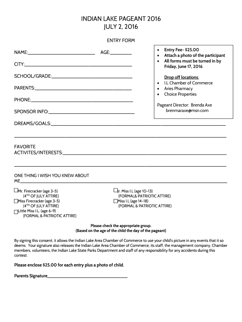 Fillable Online indianlakechamber Pageants Application - Indian Lake ...