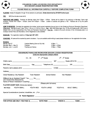 Fillable Online 2015 SOCCER LEAGUE REGISTRATION FORM Fax Email Print - pdfFiller
