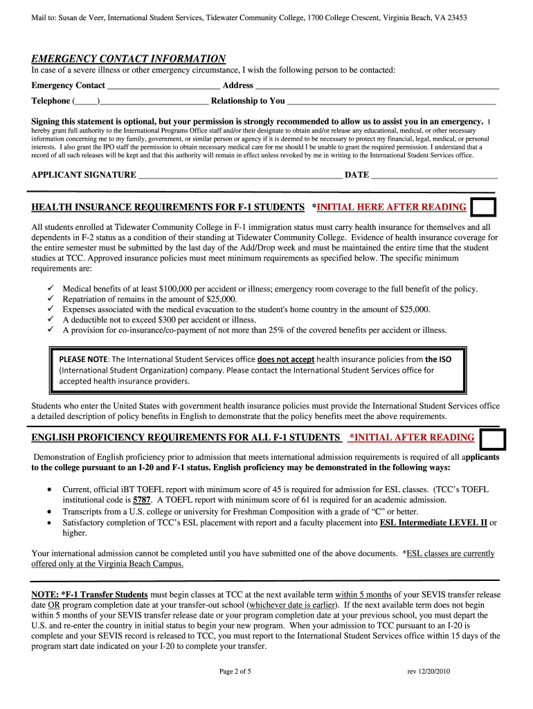 Fillable Online web tcc I-20 Application and Financial Susan de Veer ...