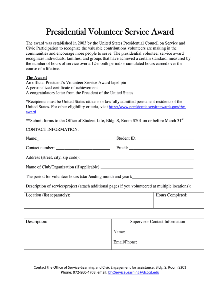 Fillable Online brookhavencollege Presidential Volunteer Service Award Fax Email Print - pdfFiller